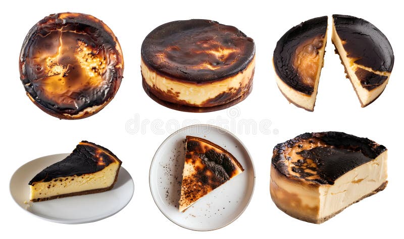 Set of Burnt Basque Cheesecake Cake Pastry Dessert, on Transparent ...