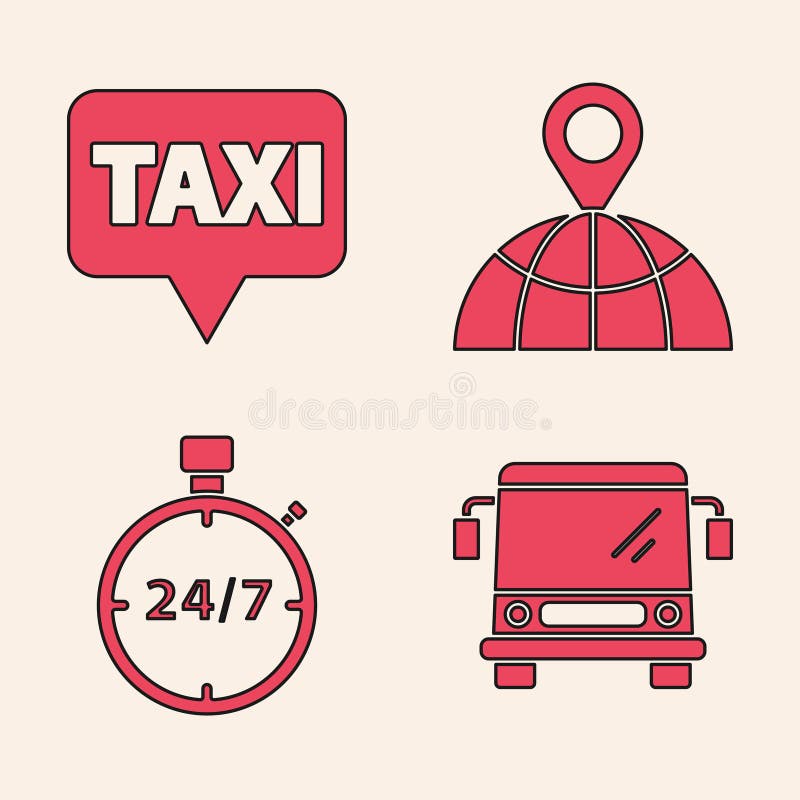 Set Bus, Map Pointer with Taxi, Location on the Globe and Stopwatch 24 ...