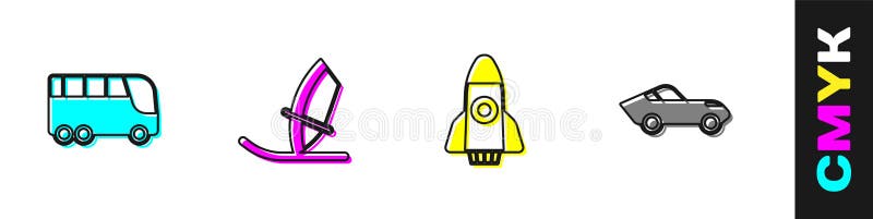 Set Bus, Windsurfing, Rocket Ship and Car Icon. Vector Stock Vector ...
