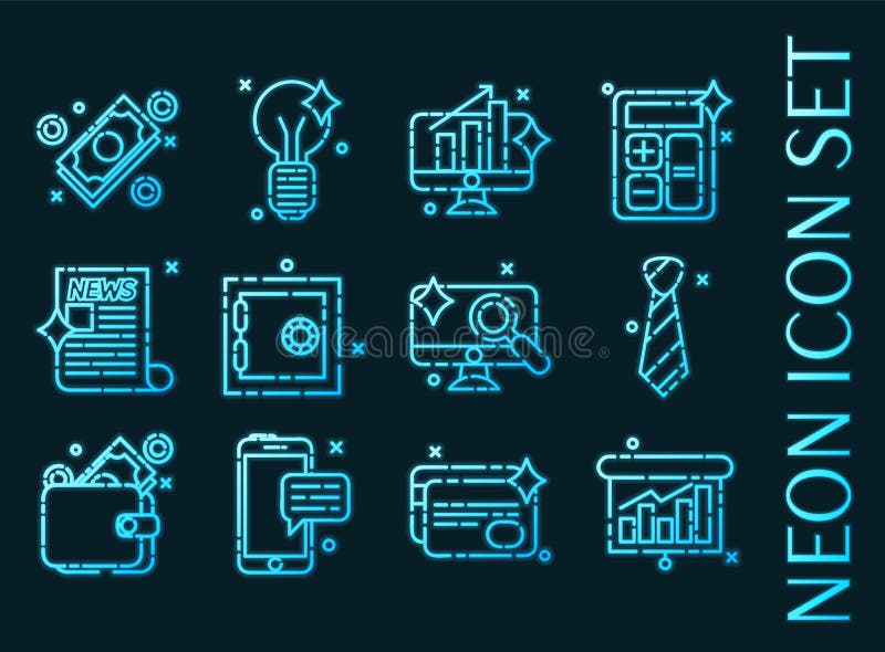 Set of Business Blue Glowing Neon Icons Stock Vector - Illustration of ...