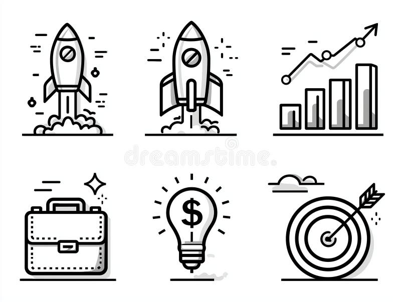 Set of 6 Business Icons – Rocket Launch, Growth Chart, Briefcase ...
