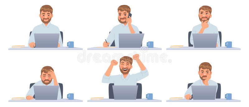 Set of Business Man Character Sitting at a Desk in Front of a Laptop ...