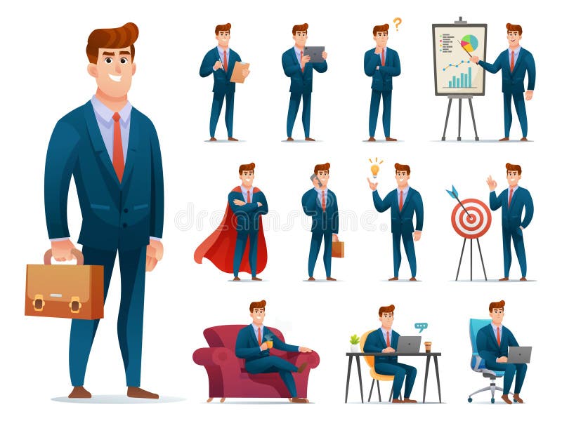 Set of Businessman Character with Different Poses and Actions Stock ...
