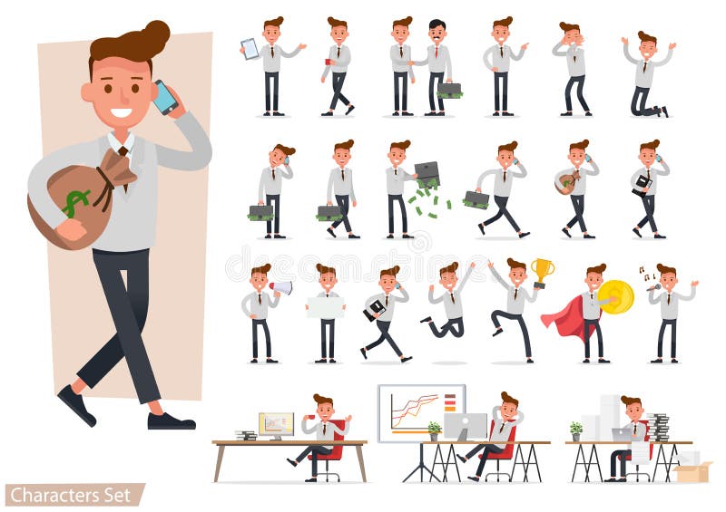 Set of Businessman Working and Showing Different Gestures Character ...