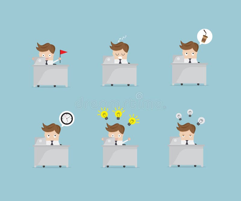 Set of Businessman Working at Work Desk Stock Vector - Illustration of ...