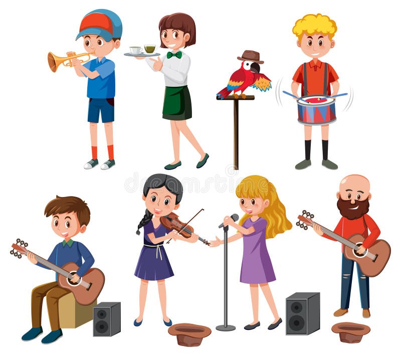 Set of Busking Cartoon Character Stock Vector - Illustration of sound ...