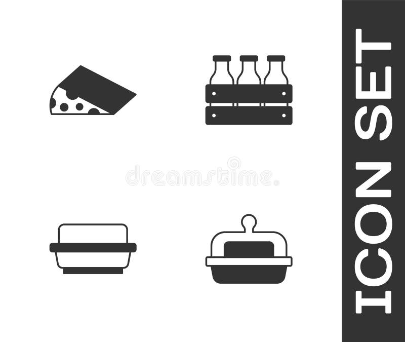 Set Butter in a Butter Dish, Cheese, and Bottled Milk Wooden Box Icon ...