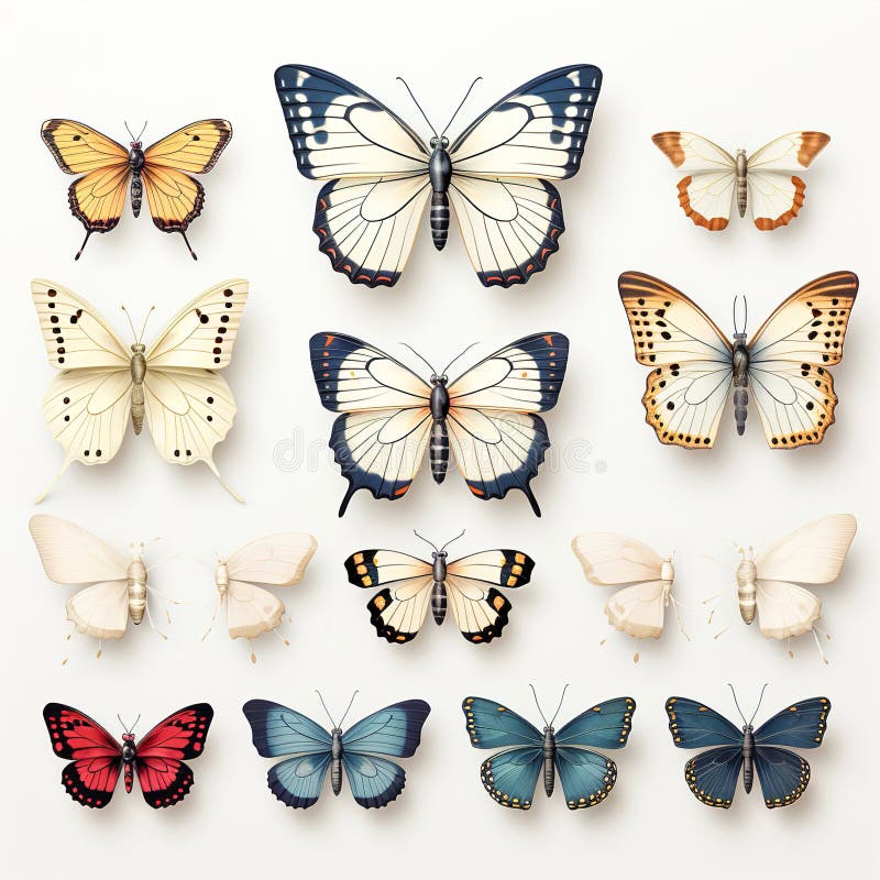 Set of Butterflies White Isolated Stock Illustration - Illustration of ...