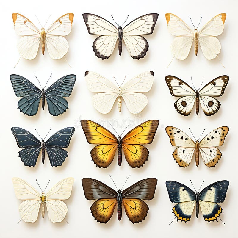 Set of Butterflies White Isolated Stock Illustration - Illustration of ...