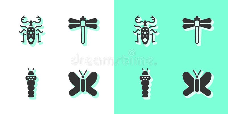 Set Butterfly, Beetle Deer, Larva Insect and Dragonfly Icon. Vector ...