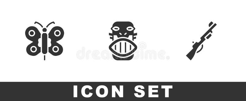 Set Butterfly, Mexican Mayan or Aztec Mask and Hunting Gun Icon. Vector ...