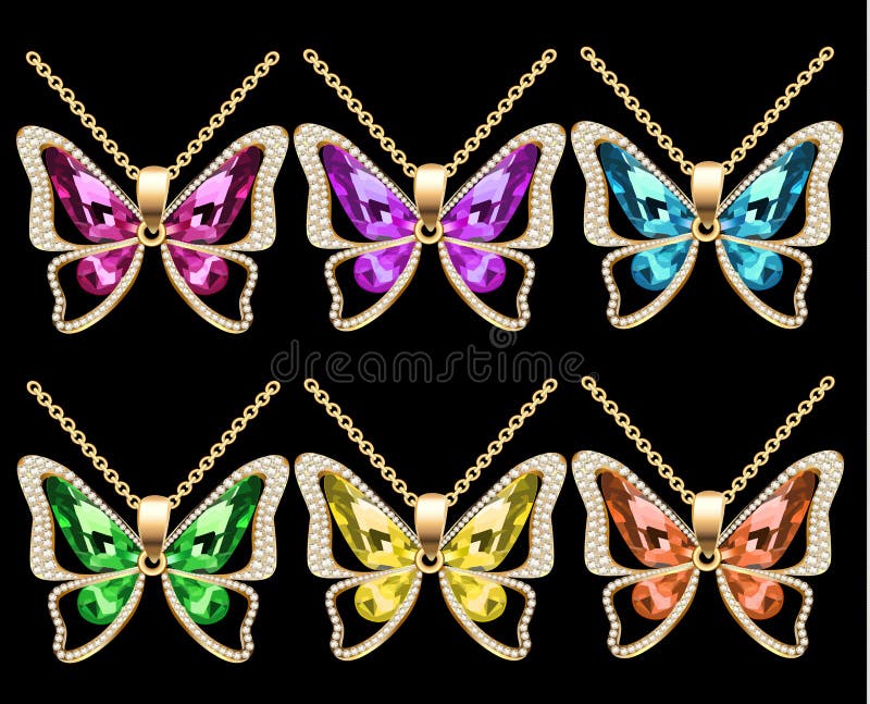 Set of Butterfly Pendants with Precious Stones Stock Vector ...