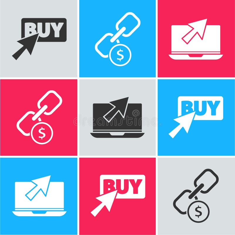 Set Buy Button, Chain Link and Coin and Laptop and Cursor Icon. Vector ...