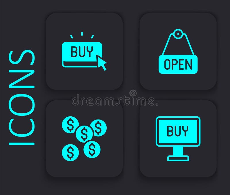 Set Buy Button, Hanging Sign with Text Open and Dollar Symbol Icon ...