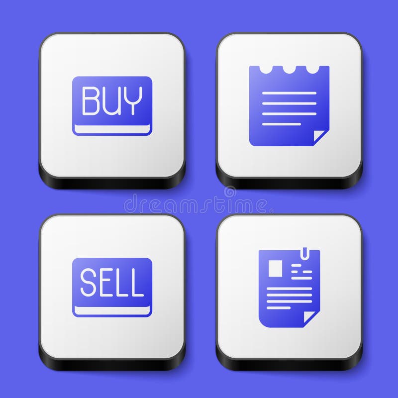 Set Buy Button, Notebook, Sell and Resume Icon. White Square Button ...