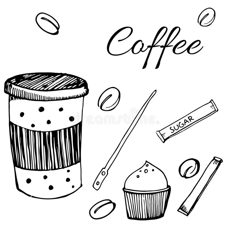 Set of Cafe Assortment Elements. Paper Cup of Coffee, Beans, Sugar ...