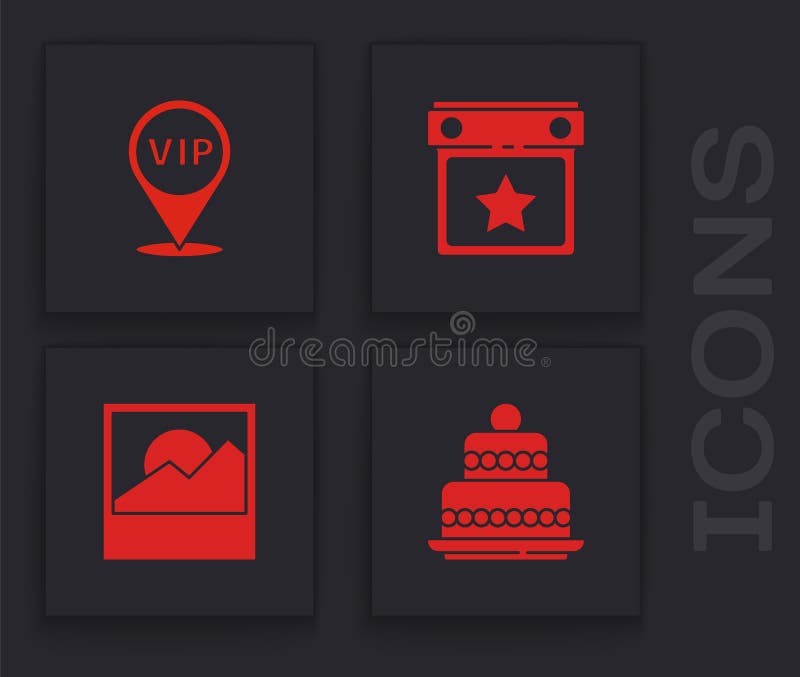 Set Cake, Location Vip, Calendar Party and Photo Icon. Vector Stock ...