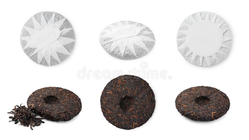 Cake Shaped Traditional Chinese Pu-erh Tea and Fresh Leaves Isolated on ...