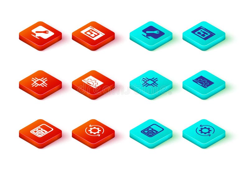 Set Calculator, Gear and Arrows As Workflow, Processor with Microcircuits CPU, Laptop Gear ...