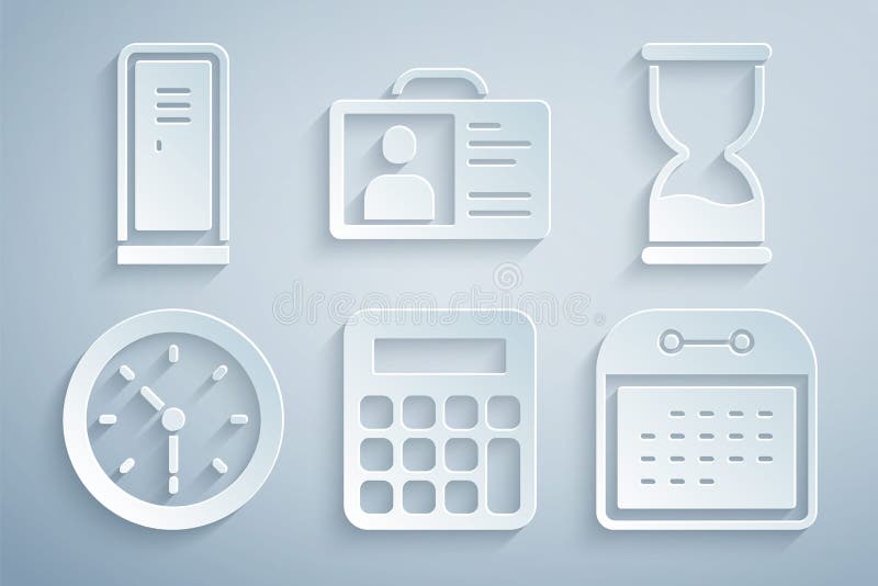 Set Calculator, Old Hourglass, Clock, Calendar, Identification Badge ...
