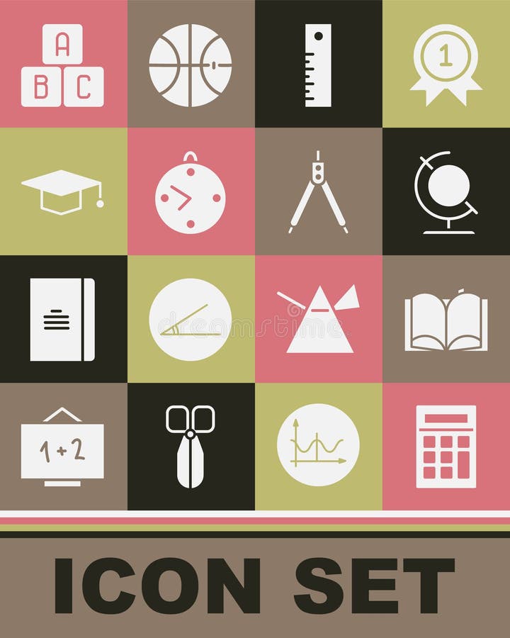 Set Calculator, Open Book, Earth Globe, Ruler, Clock, Graduation Cap ...