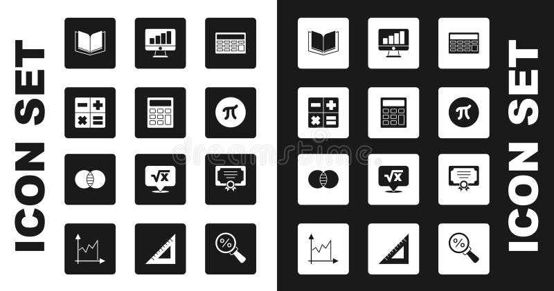 Set Calculator, Open Book, Pi Symbol, Computer Monitor with Graph Chart ... Set Calculator, Open Book, Pi Symbol, Computer Monitor with Graph Chart ...