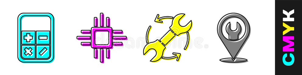 Set Calculator, Processor with Microcircuits CPU, Wrench and Arrows As ...