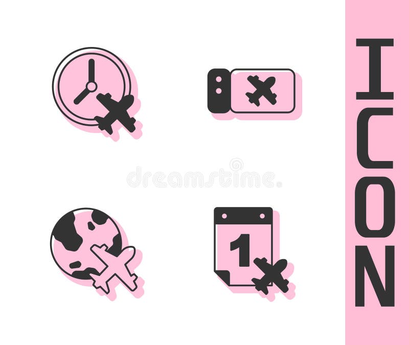 Set Calendar and Airplane, Clock with, Globe Flying and Airline Ticket ...