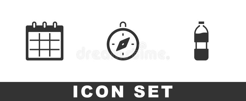 Set Calendar, Compass and Bottle of Water Icon. Vector Stock Vector ...