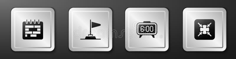 Set Calendar, Flag, Digital Alarm Clock and Target Icon. Silver Square ...