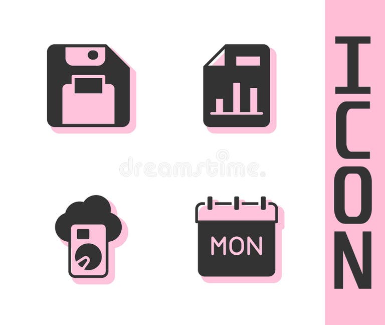 Set Calendar, Floppy Disk, Cloud Database and Document with Graph Chart Icon. Vector Stock ...