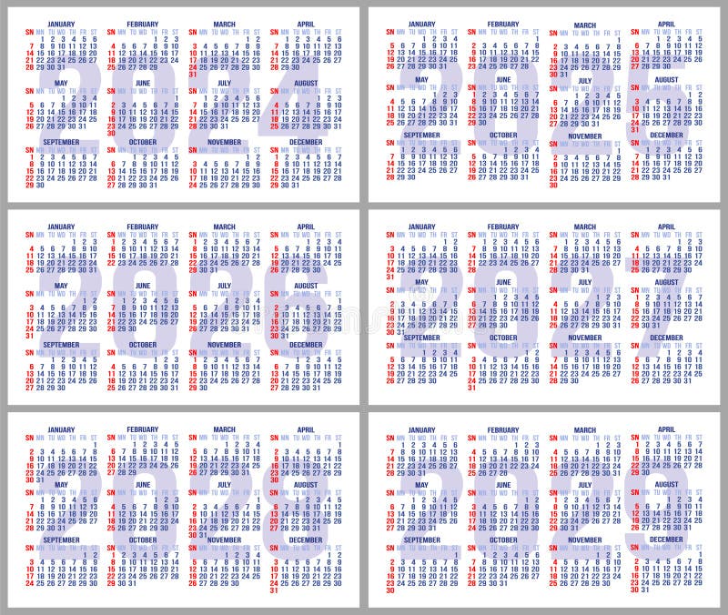 Set of Calendar Grids for the Back of Business Cards for 2024-2029 ...