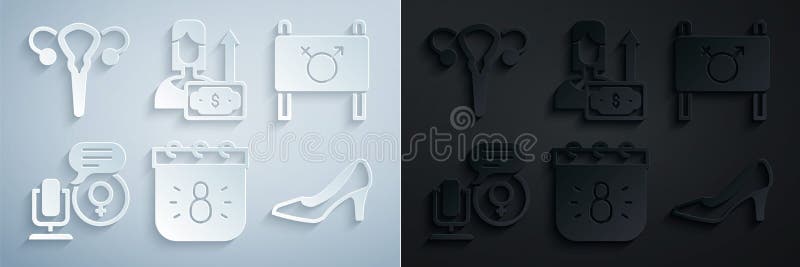 Set Calendar With 8 March Feminist Activist Microphone Woman Shoe