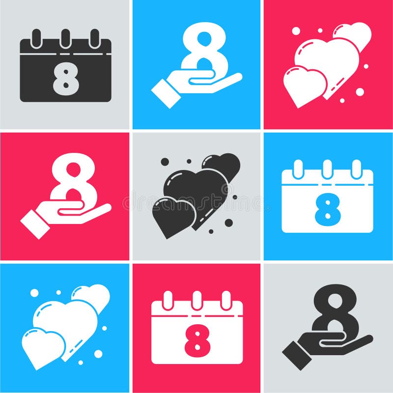 Set Calendar with 8 March, 8 March on Hand and Heart Icon. Vector Stock ...