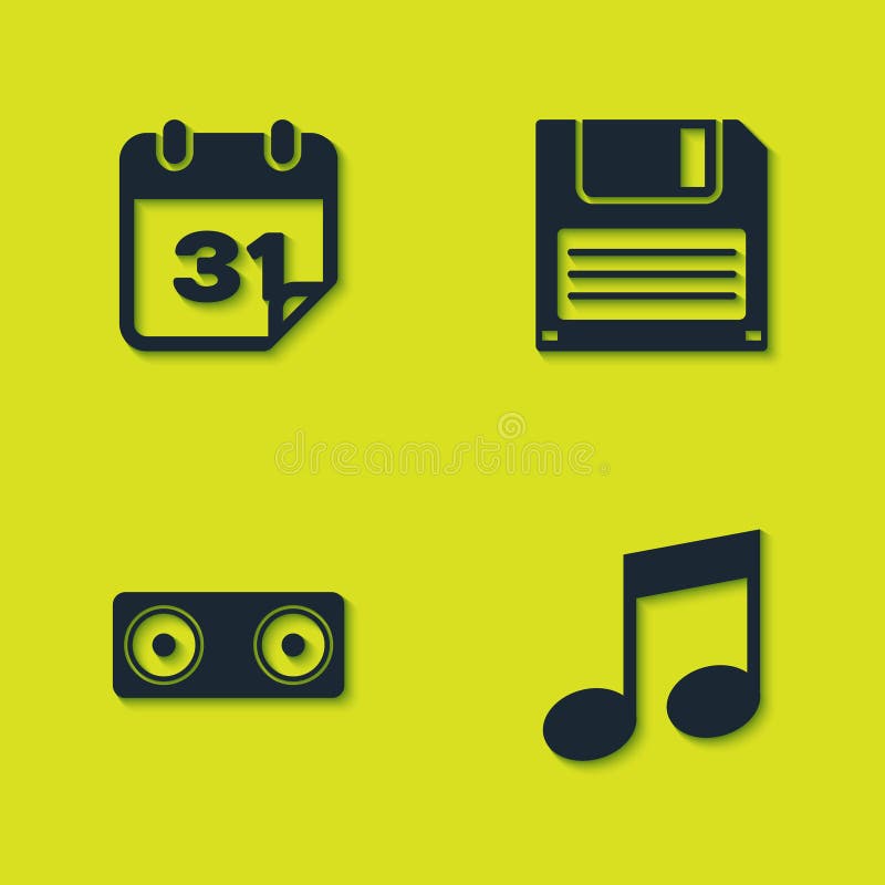 Set Calendar, Music Note, Tone, Stereo Speaker and Floppy Disk Icon ...