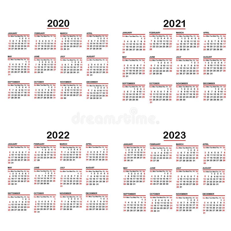 Set of Calendars on White Background, Years 2020, 2021, 2022, 2023 ...