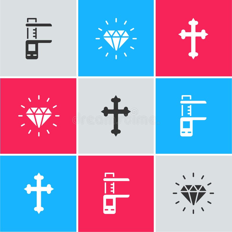 Set Calliper or Caliper and Scale, Diamond and Christian Cross Icon ...