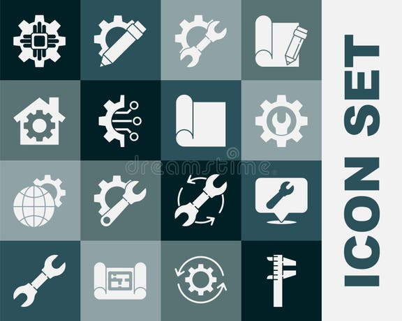 Set Calliper or Caliper and Scale, Location with Wrench Spanner, Wrench Gear, Algorithm, House ...