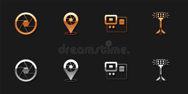 Set Camera Shutter, Action Extreme Camera and Studio Light Bulb in ...