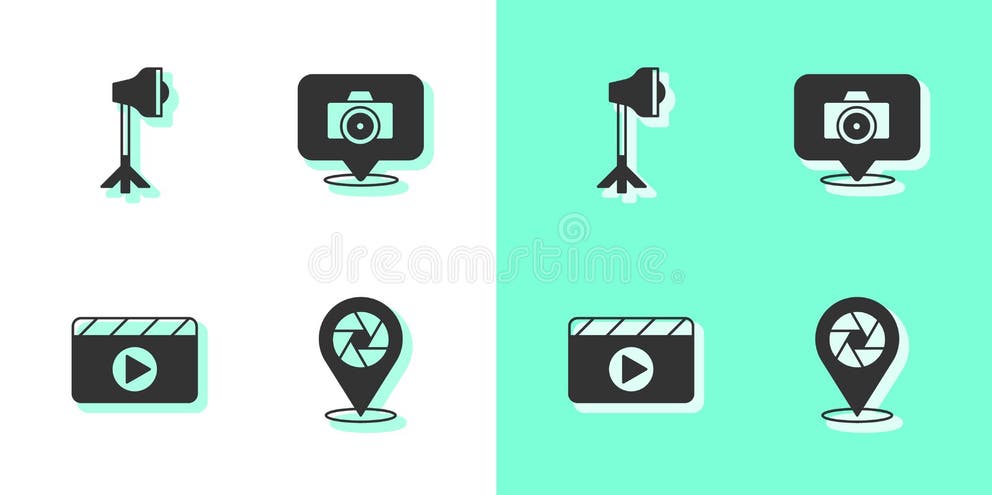 Set Camera Shutter, Studio Light Bulb in Softbox, Movie Clapper and Photo Camera Icon. Vector ...