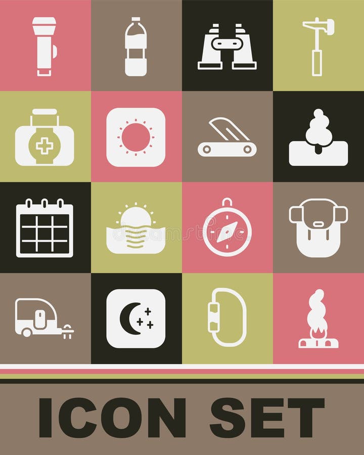 Set Campfire, Hiking Backpack, Tree, Binoculars, Sun, First Aid Kit ...