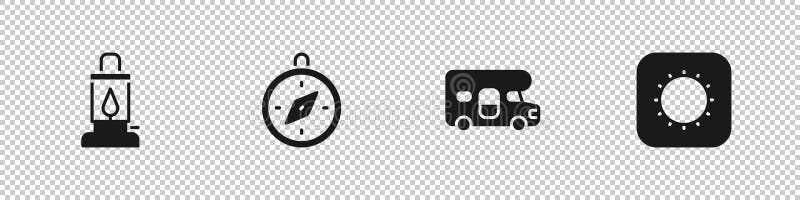 Set Camping Lantern, Compass, RV Motorhome Vehicle and Sun Icon. Vector ...