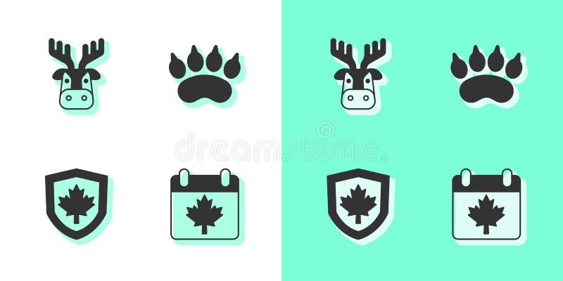 Set Canada Day with Maple Leaf, Deer Head Antlers, Flag on Shield and ...