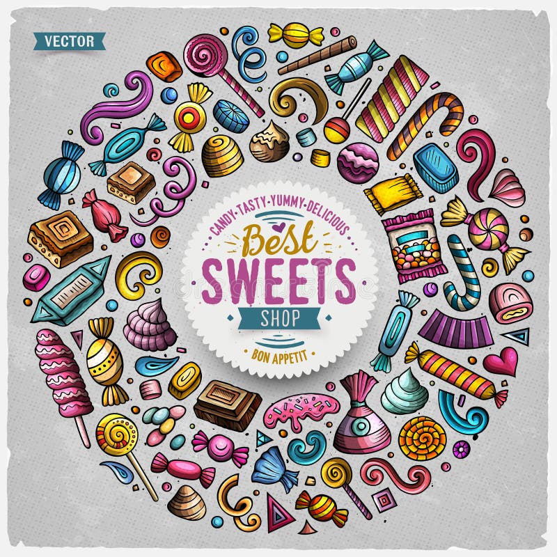 Set of Candies Cartoon Doodle Objects. Round Frame Card Design Stock ...