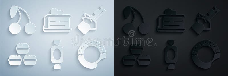 Set Candy, Bitten Chocolate Bar, Macaron Cookie, Donut, Piece of Cake ...