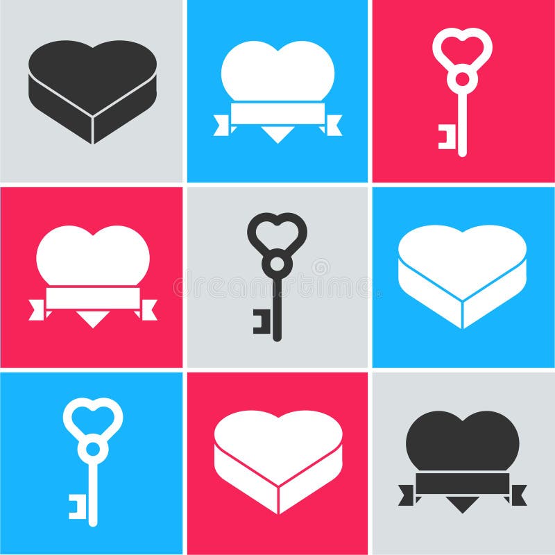 Set Candy in Heart Shaped Box, Heart and Ribbon and Key in Heart Shape ...