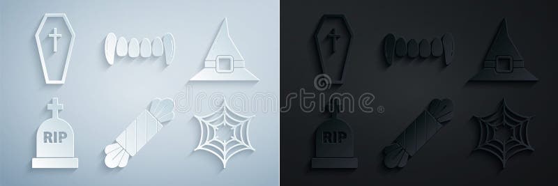 Set Candy, Witch Hat, Tombstone with RIP, Spider Web, Vampire Teeth and ...