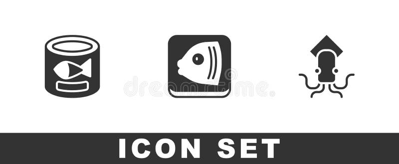 Set Canned Fish, Fish Head and Octopus Icon. Vector Stock Vector ...
