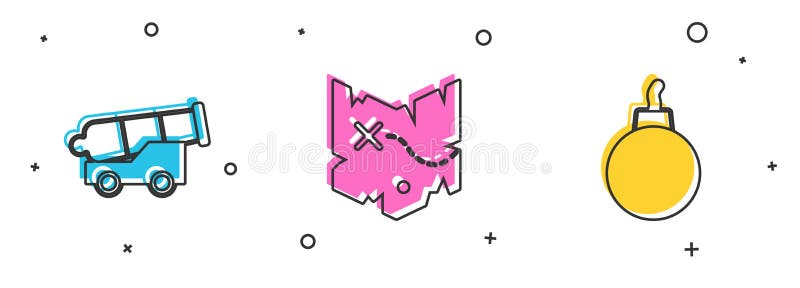 Set Cannon, Pirate Treasure Map and Bomb Ready To Explode Icon. Vector ...