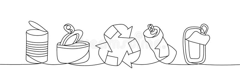 Set of Aluminium Waste One Line Colored Continuous Drawing. Metal Cans ...